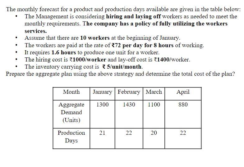 Solved . The monthly forecast for a product and production | Chegg.com
