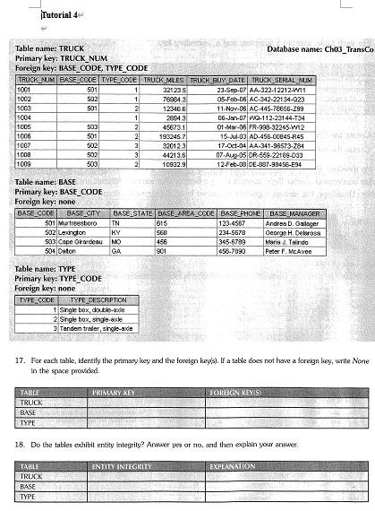 Table nams: TRUCK Database name: Cho3_TransCo Primary | Chegg.com