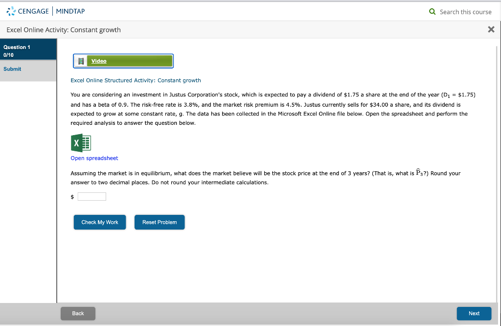 Solved CENGAGE MINDTAP Q Search this course Excel Online | Chegg.com