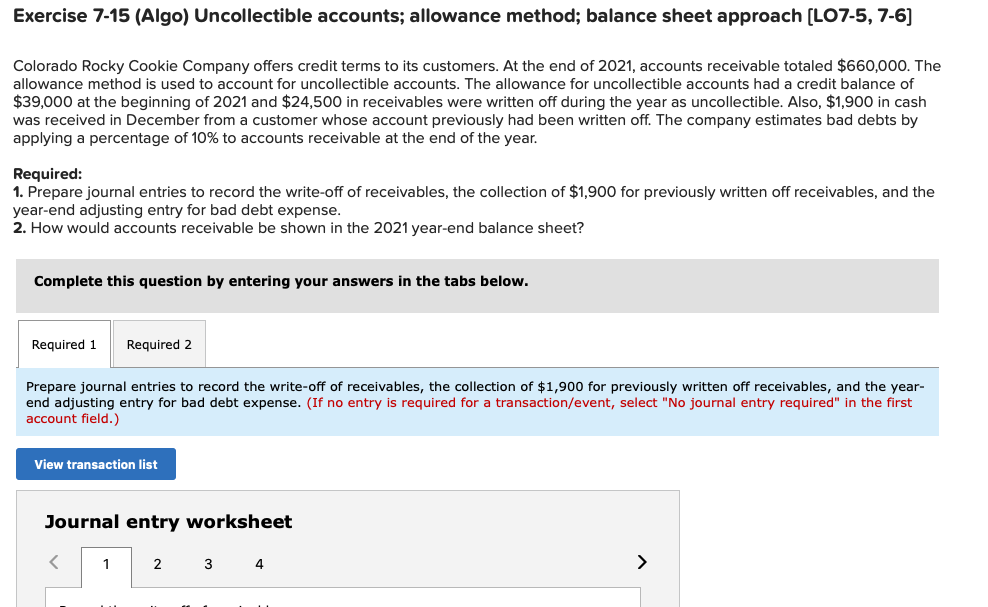 Solved Exercise 7-15 (Algo) Uncollectible accounts; | Chegg.com