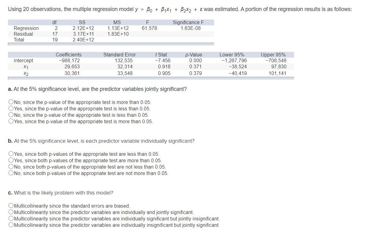 Solved Using 20 observations, the multiple regression model | Chegg.com