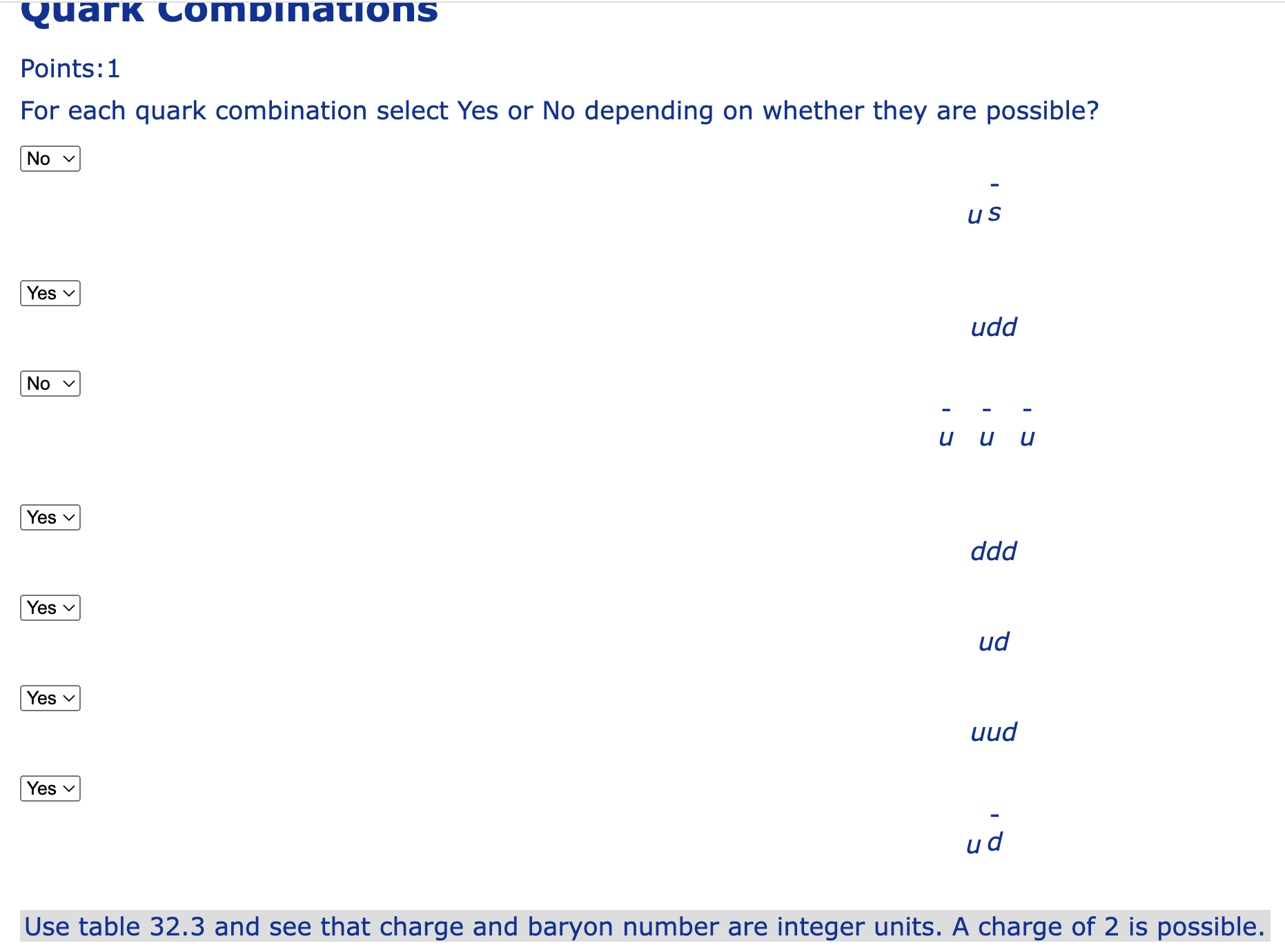 Solved For each quark combination select Yes or No depending | Chegg.com