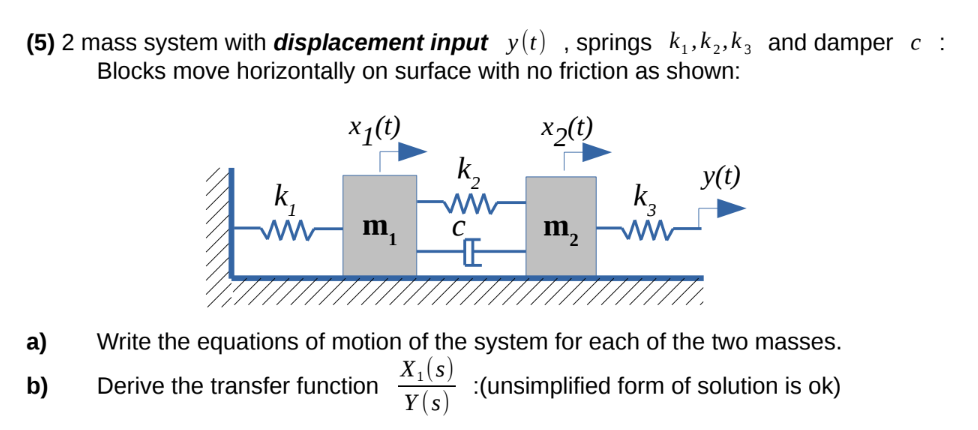 Solved 2 mass system with displacement input y(t), springs | Chegg.com