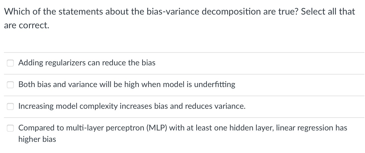 Solved Which of the statements about the bias-variance | Chegg.com