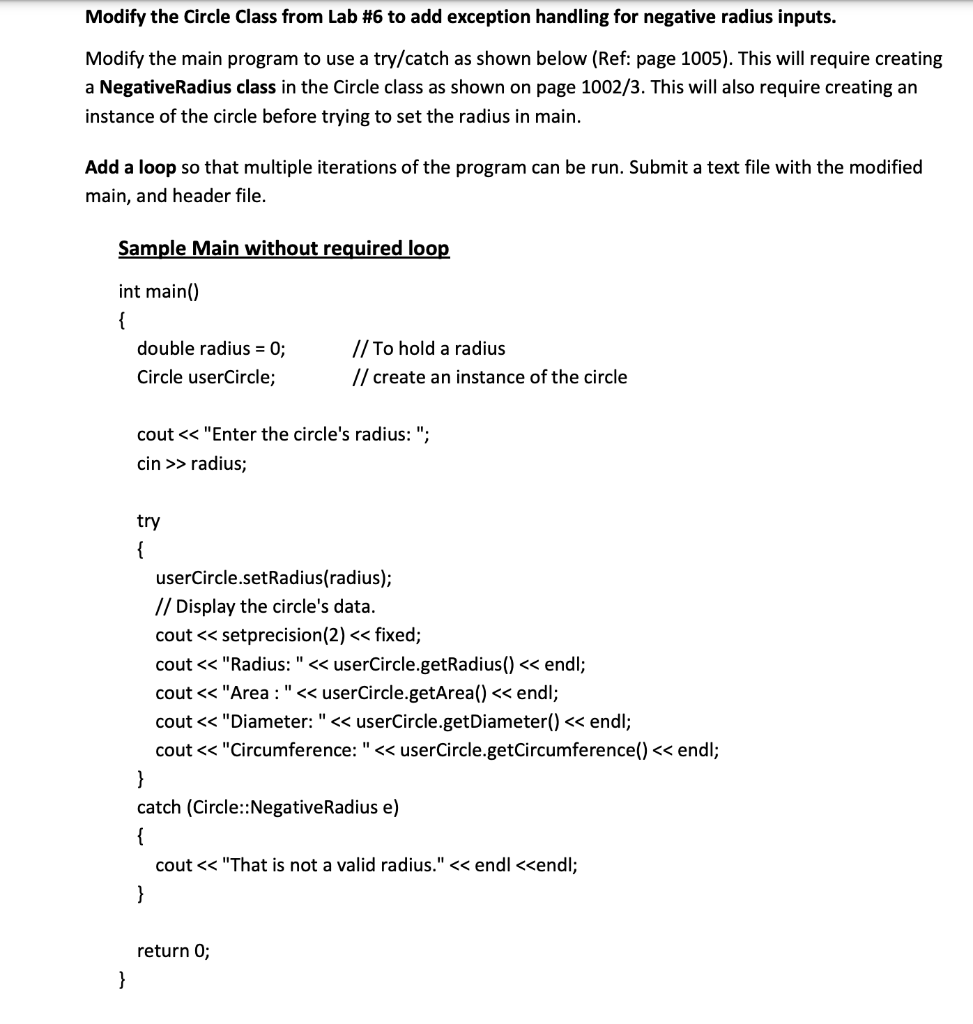 Solved Modify the Circle Class from Lab #6 to add exception | Chegg.com