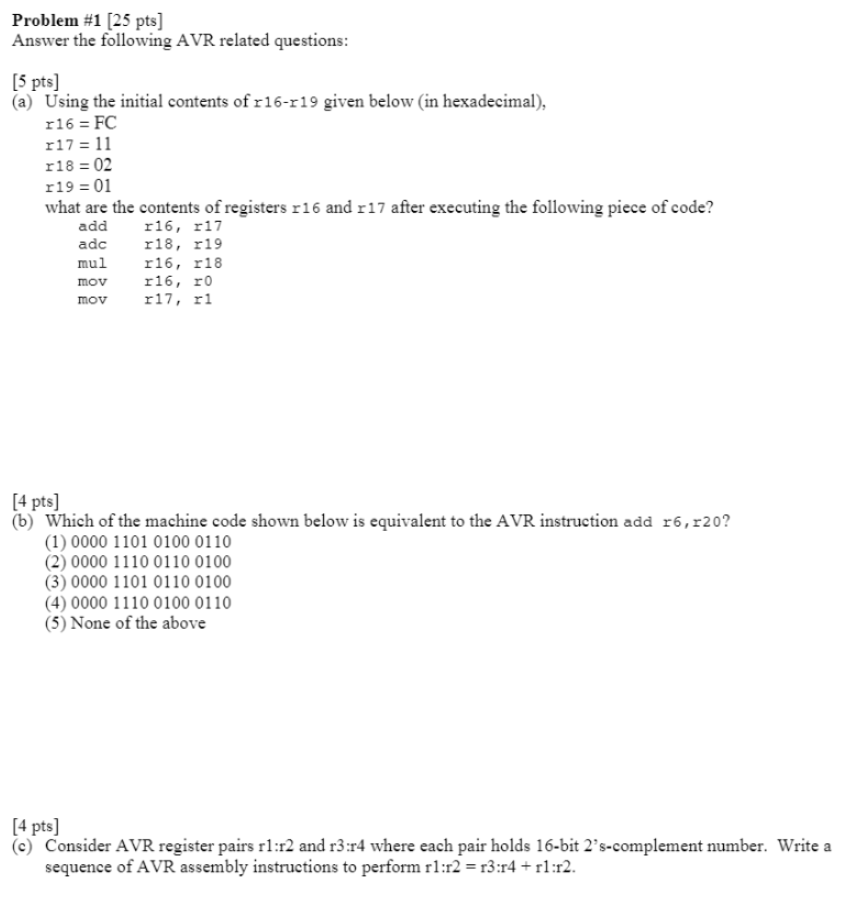 Solved Problem #1 (25 pts] Answer the following AVR related | Chegg.com