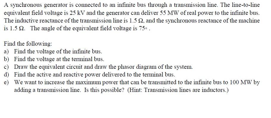 Solved A Synchronous Generator Is Connected To An Infinite 
