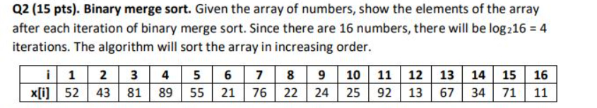 Solved Q2 (15 ﻿pts). ﻿Binary merge sort. Given the array of | Chegg.com
