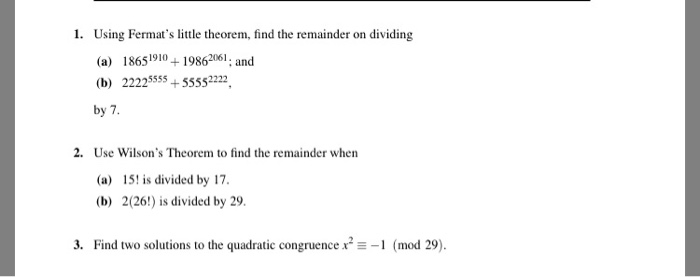 Solved 1. Using Fermat's little theorem, find the remainder | Chegg.com