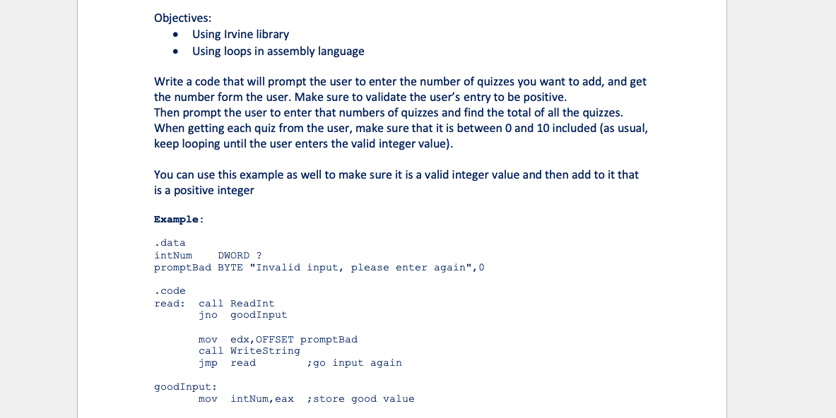 Solved Objectives: - Using Irvine library - Using loops in | Chegg.com