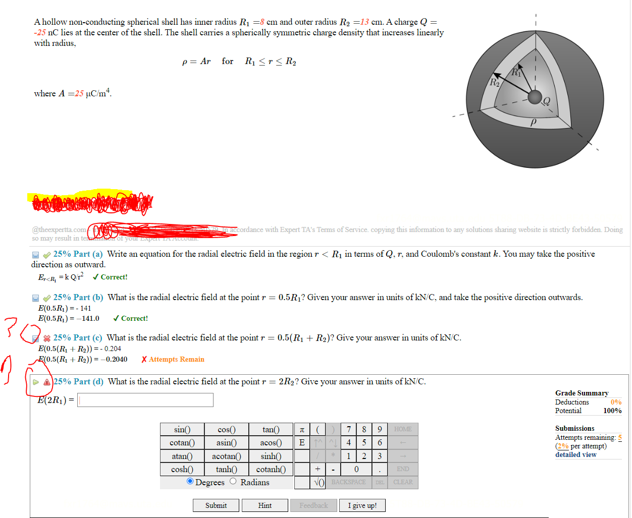 Solved A hollow non-conducting spherical shell has inner | Chegg.com