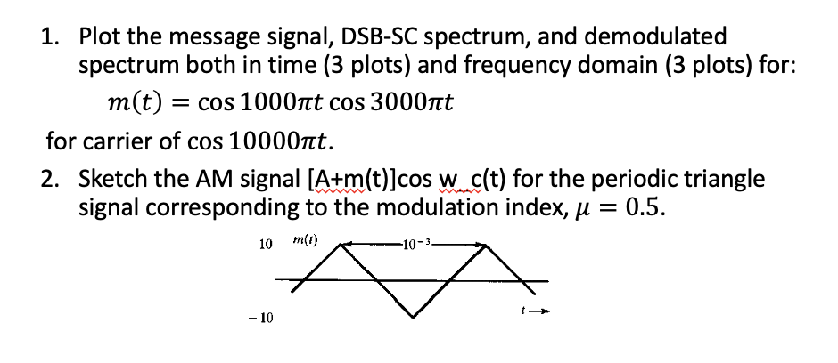 Solved 1. Plot the message signal, DSB-SC spectrum, and | Chegg.com