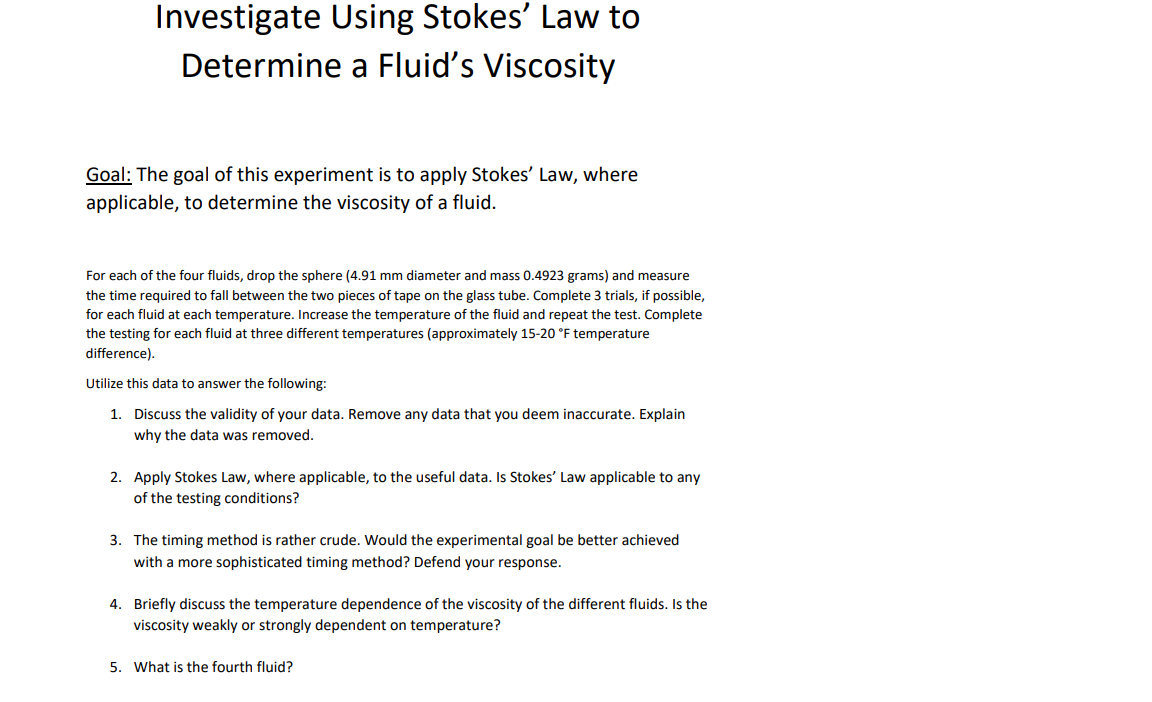 Investigate Using Stokes' Law to Determine a Fluid's | Chegg.com