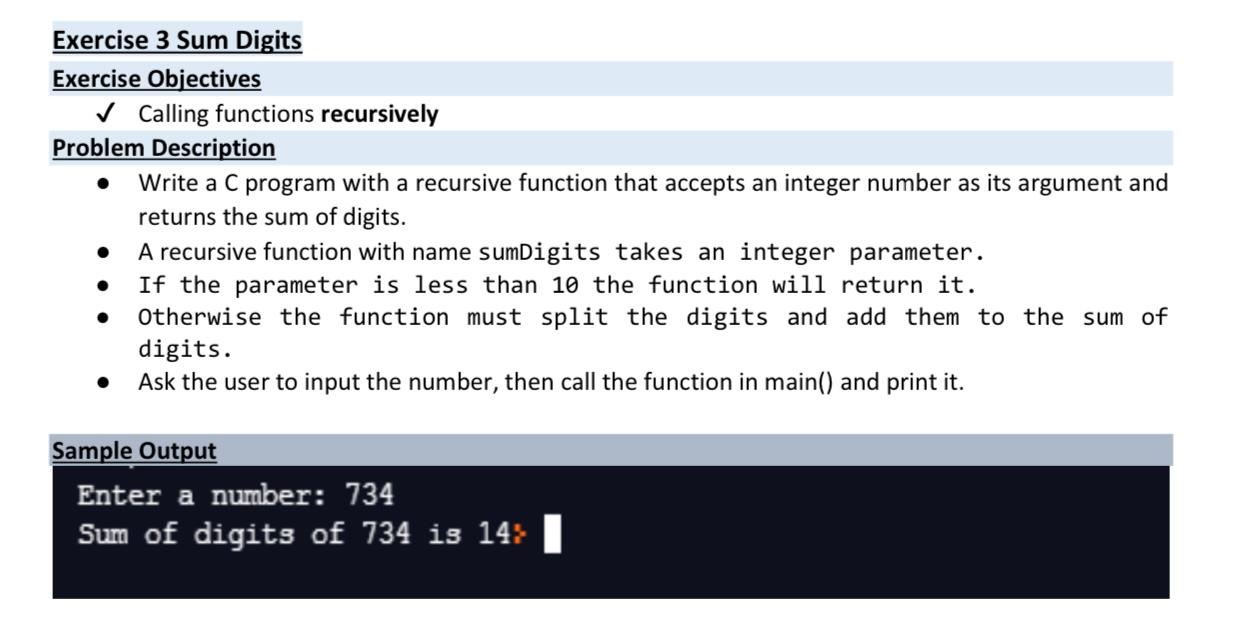 Solved Exercise 3 Sum Digits Exercise Objectives Calling | Chegg.com
