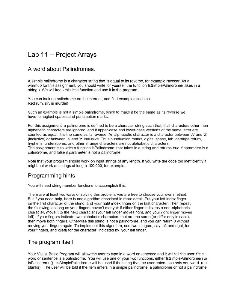 Solved Lab 11 Project Arrays A Word About Palindromes A