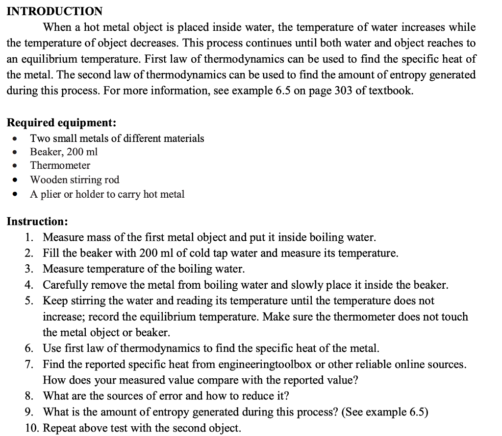 Solved INTRODUCTION When a hot metal object is placed inside | Chegg.com