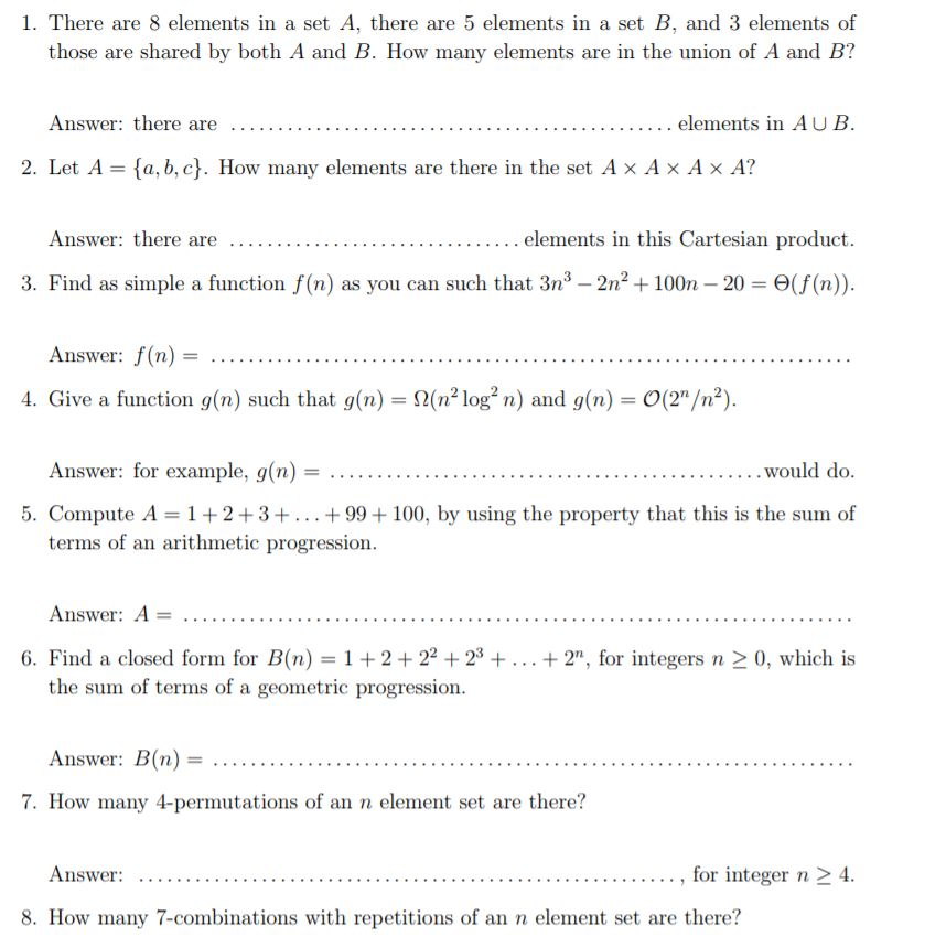 Solved 1. There are 8 elements in a set A, there are 5 | Chegg.com