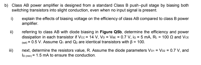 Solved b) Class AB power amplifier is designed from a | Chegg.com