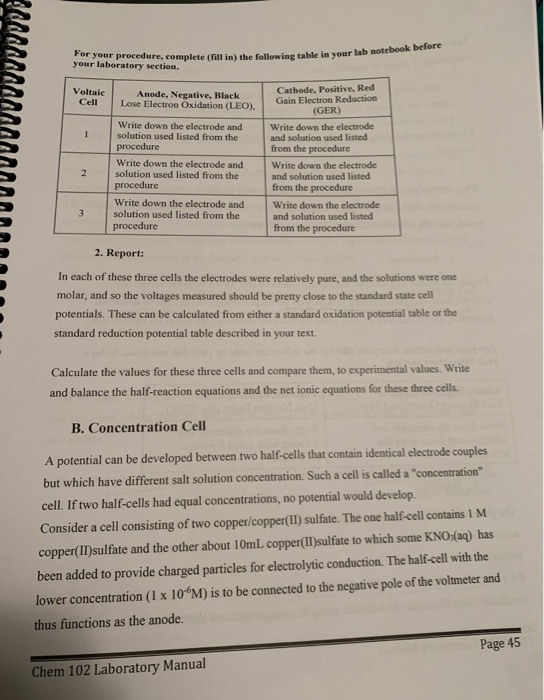 Electrochemistry Worksheet Part 1A: Voltaic Cells | Chegg.com