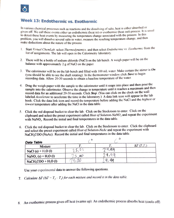 Solved 3 Week 13: Endothermic vs. Exothermic In various | Chegg.com