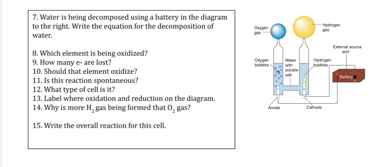 Solved 7. Water is being decomposed using a battery in the | Chegg.com