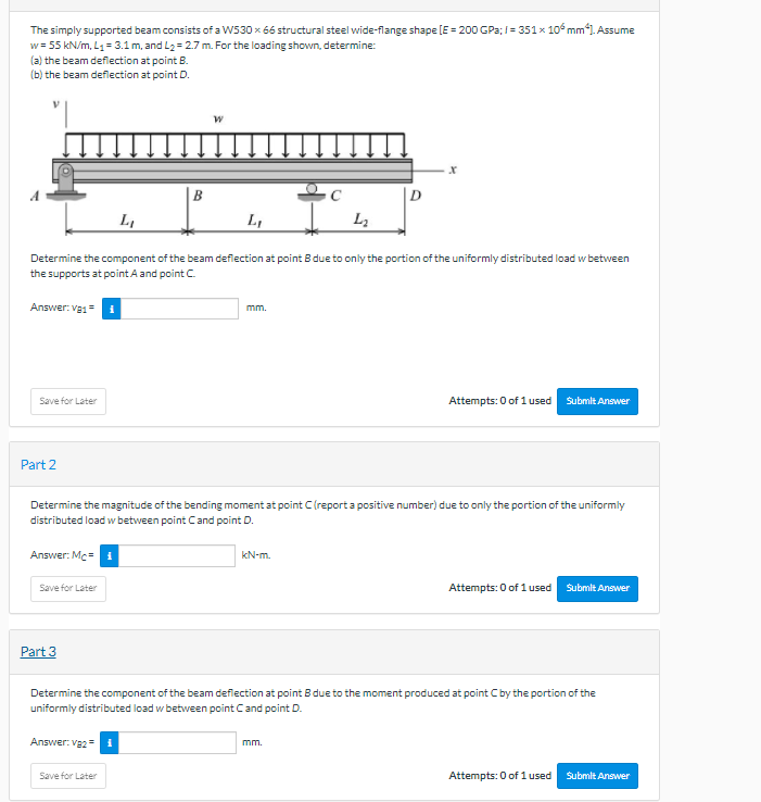 Solved The simply supported beam consists of a W530 x 66 | Chegg.com