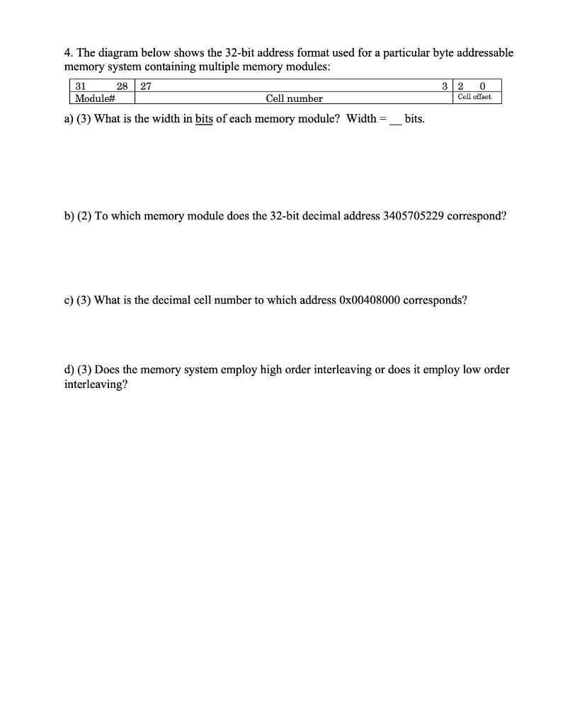 Solved 4. The diagram below shows the 32-bit address format | Chegg.com