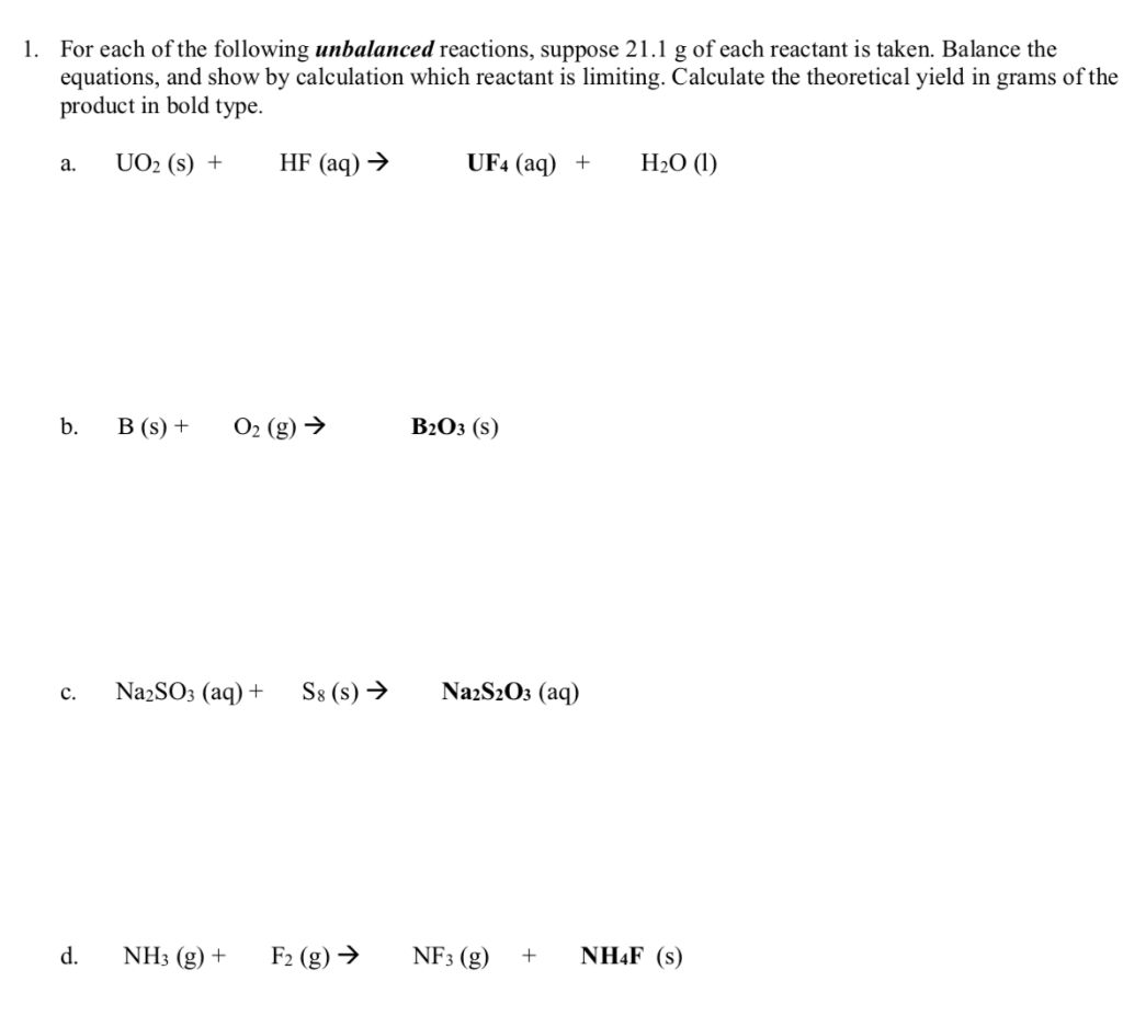 Solved 1. For each of the following unbalanced reactions, | Chegg.com