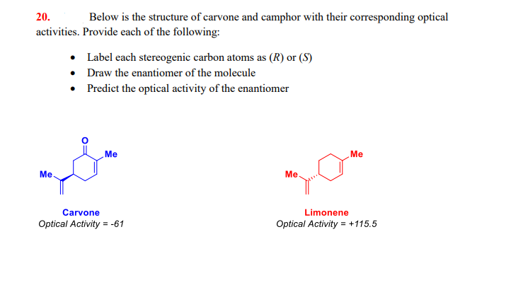 Solved 20. Below is the structure of carvone and camphor | Chegg.com
