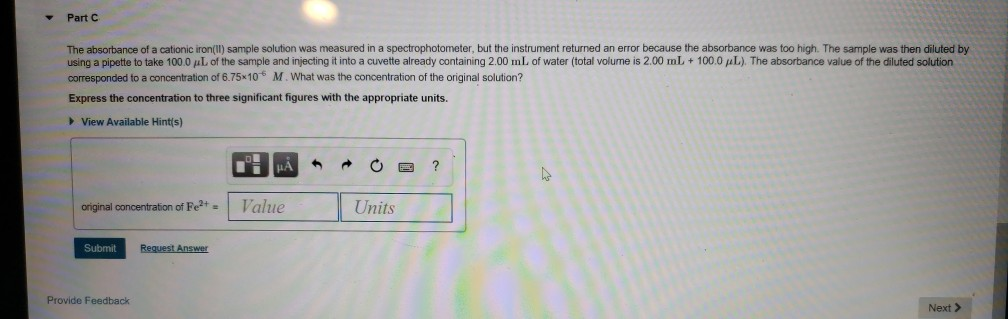 Solved Part C The absorbance of a cationic iron(II) sample | Chegg.com