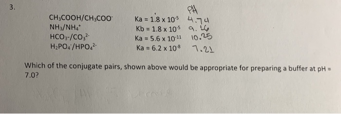Solved 3. CH3COOH/CH3COO NH3/NH4 HCO3-/CO32 H2POs/HP042 Kas | Chegg.com