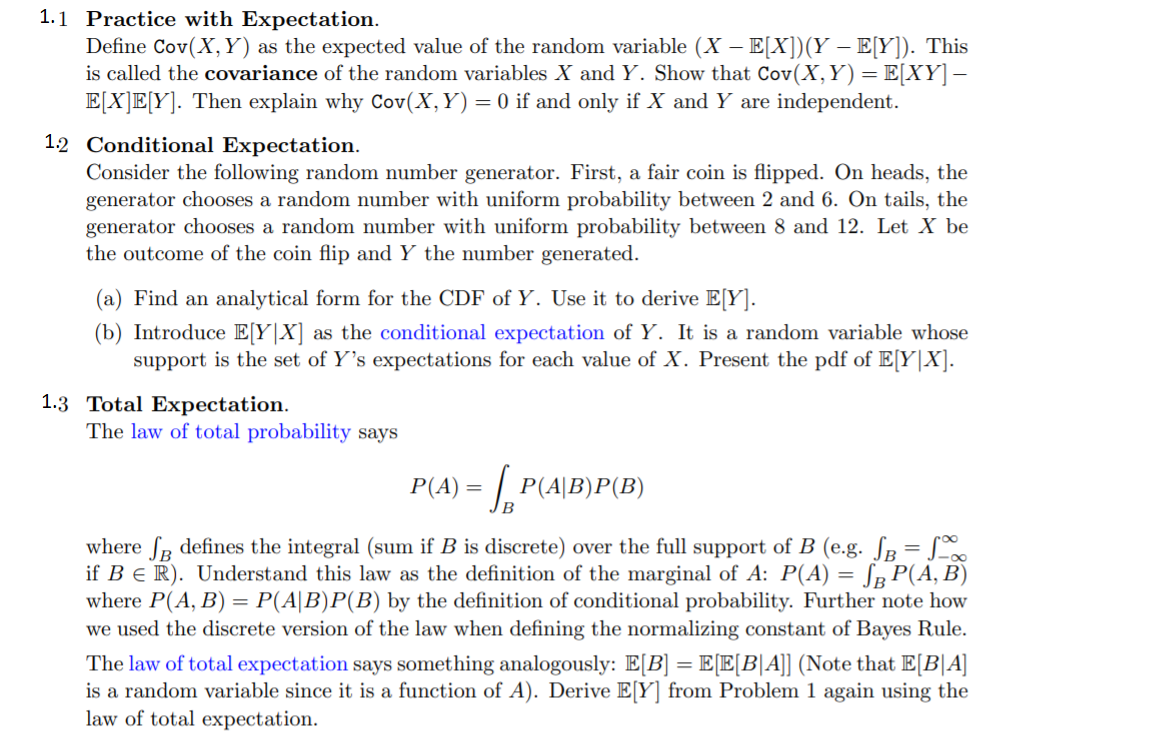 Solved 1.1 Practice with Expectation. Define Cov(X,Y) as the | Chegg.com