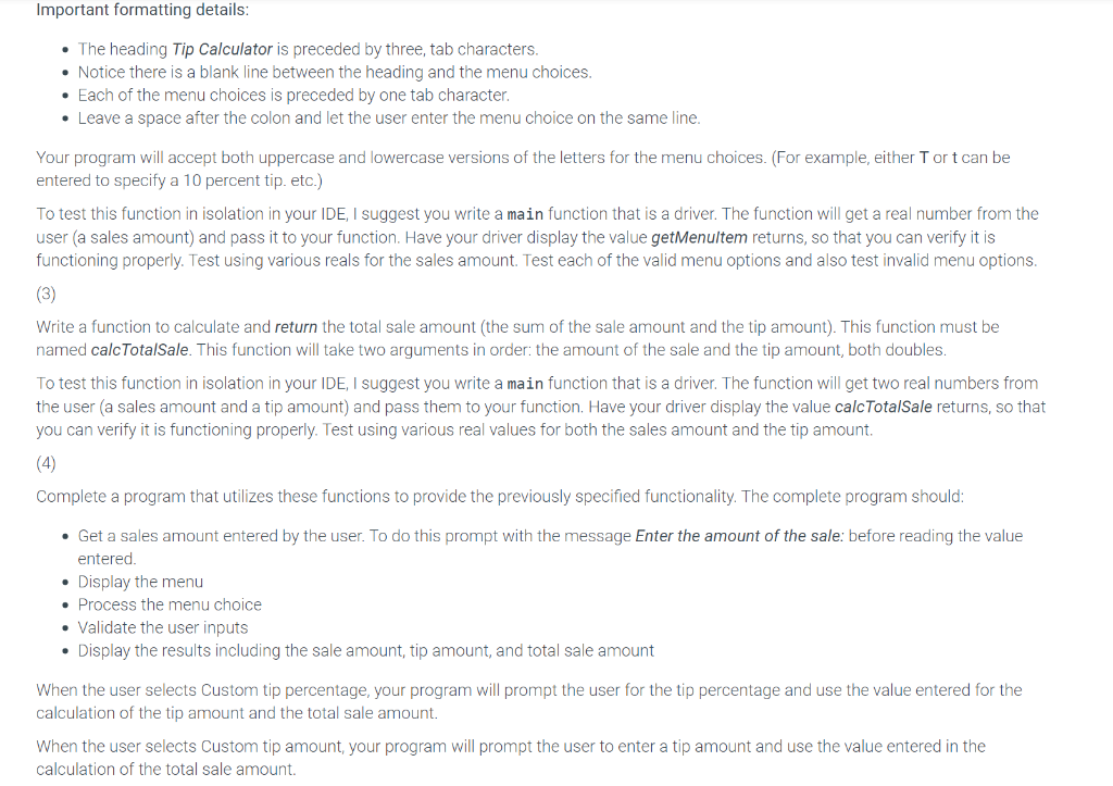 Solved Important formatting details: • The heading Tip | Chegg.com