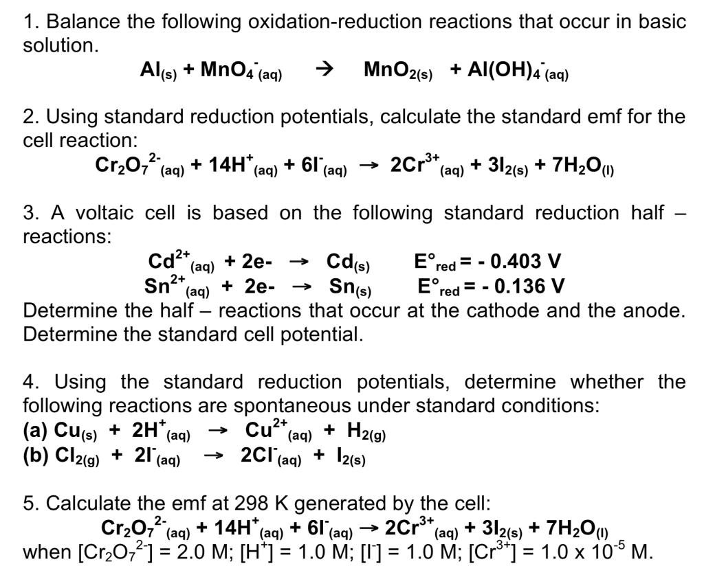 Solved 1. Balance the following oxidation-reduction | Chegg.com