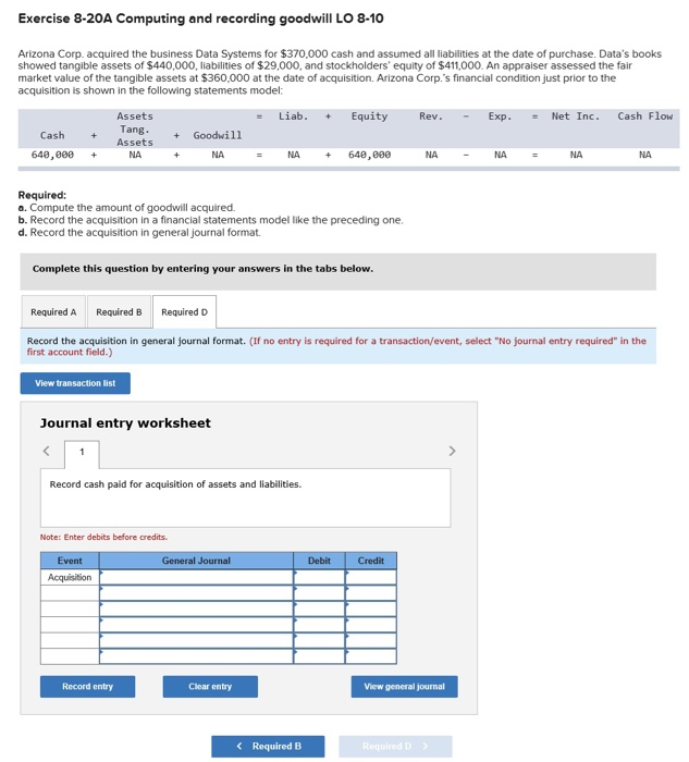 Solved Exercise 8-20A Computing and recording goodwill | Chegg.com
