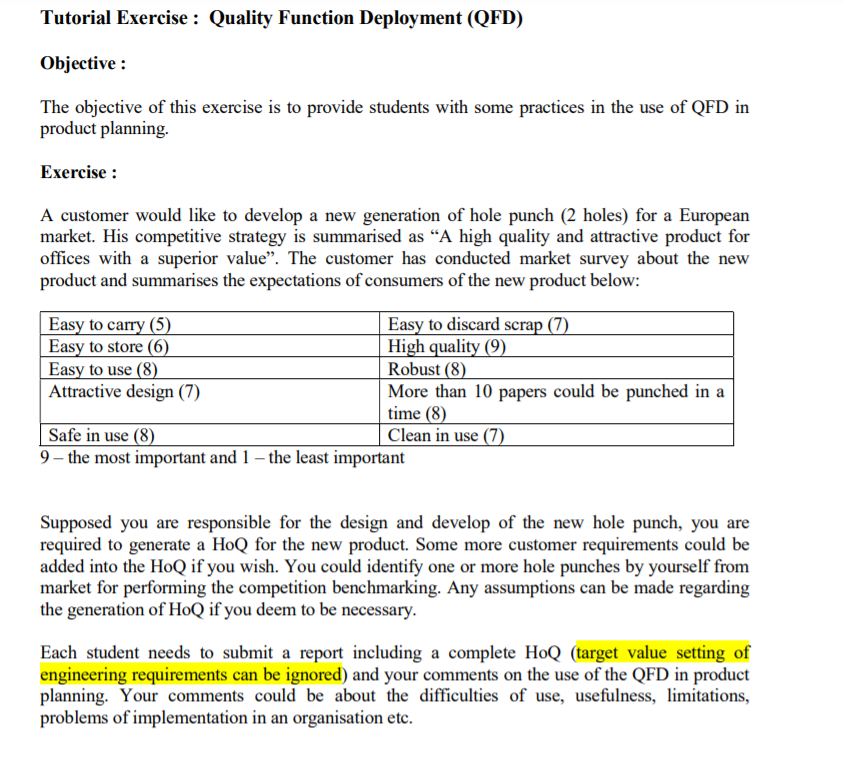 Tutorial Exercise : Quality Function Deployment (QFD) | Chegg.com