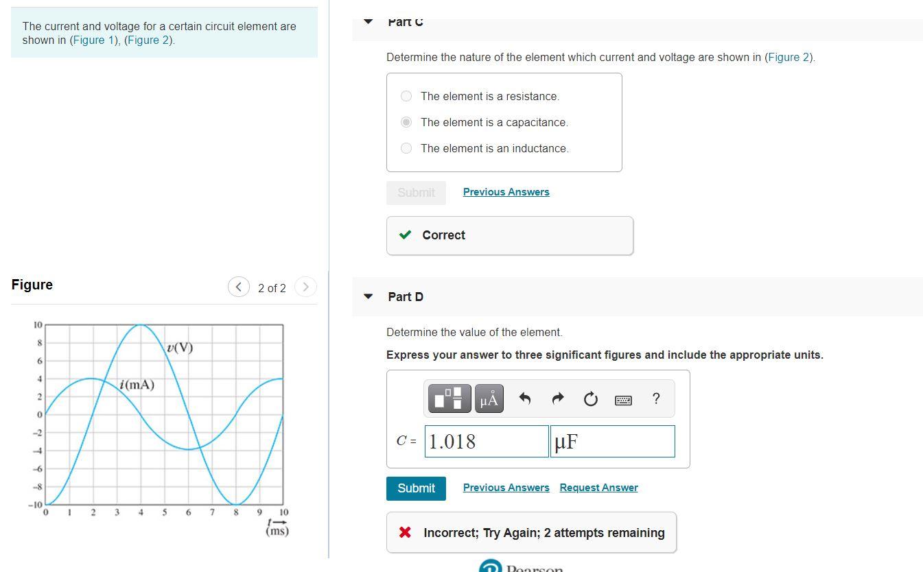 Solved The current and voltage for a certain circuit element | Chegg.com