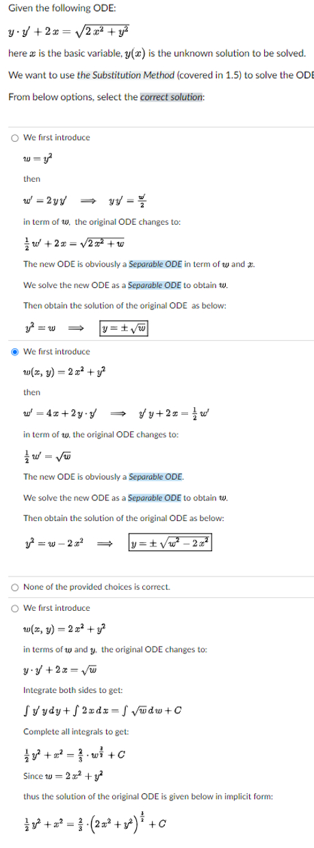 Solved Given the following ODE:y*y'+2x=2x2+y22here x ﻿is the | Chegg.com