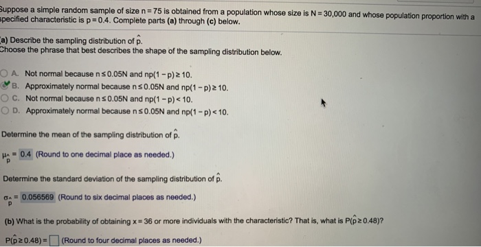 Solved Suppose a simple random sample of size n=75 is | Chegg.com