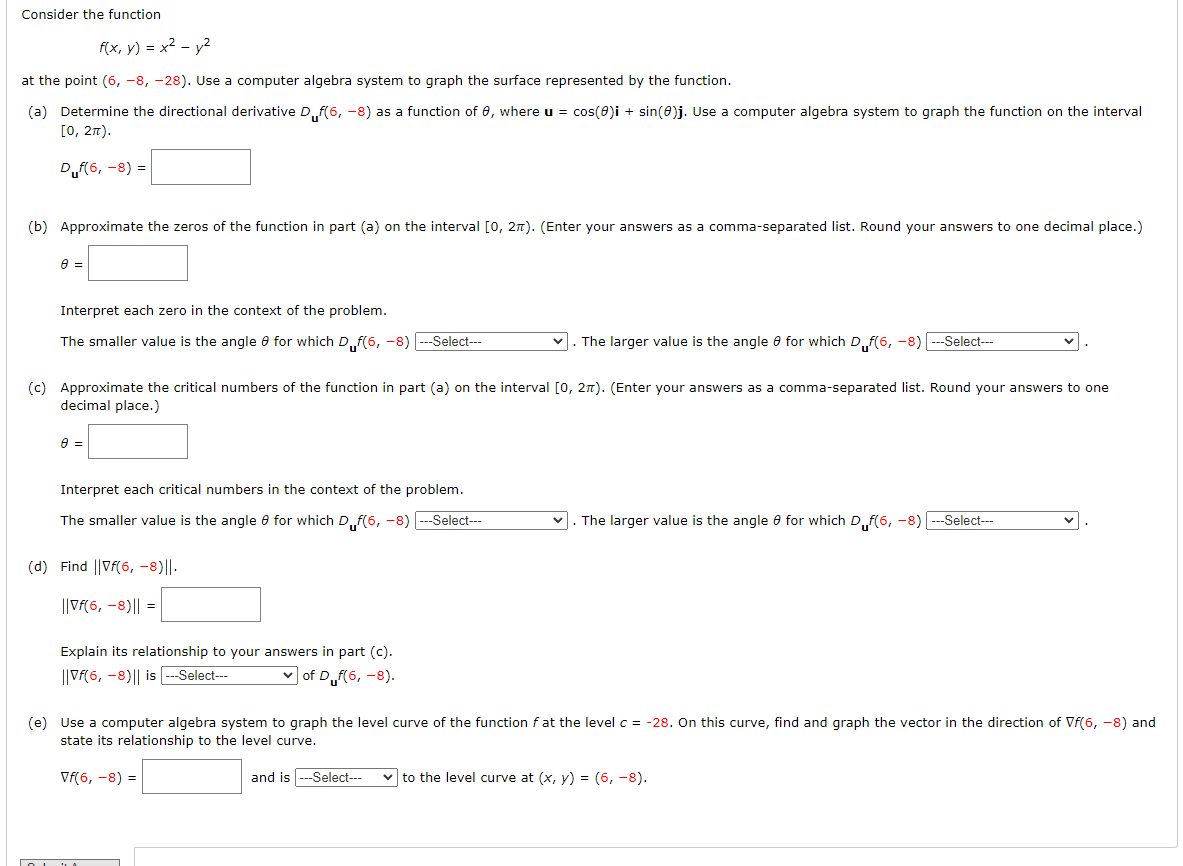 Solved Consider the functionf(x, y) = x2 − y2at the point(6, | Chegg.com