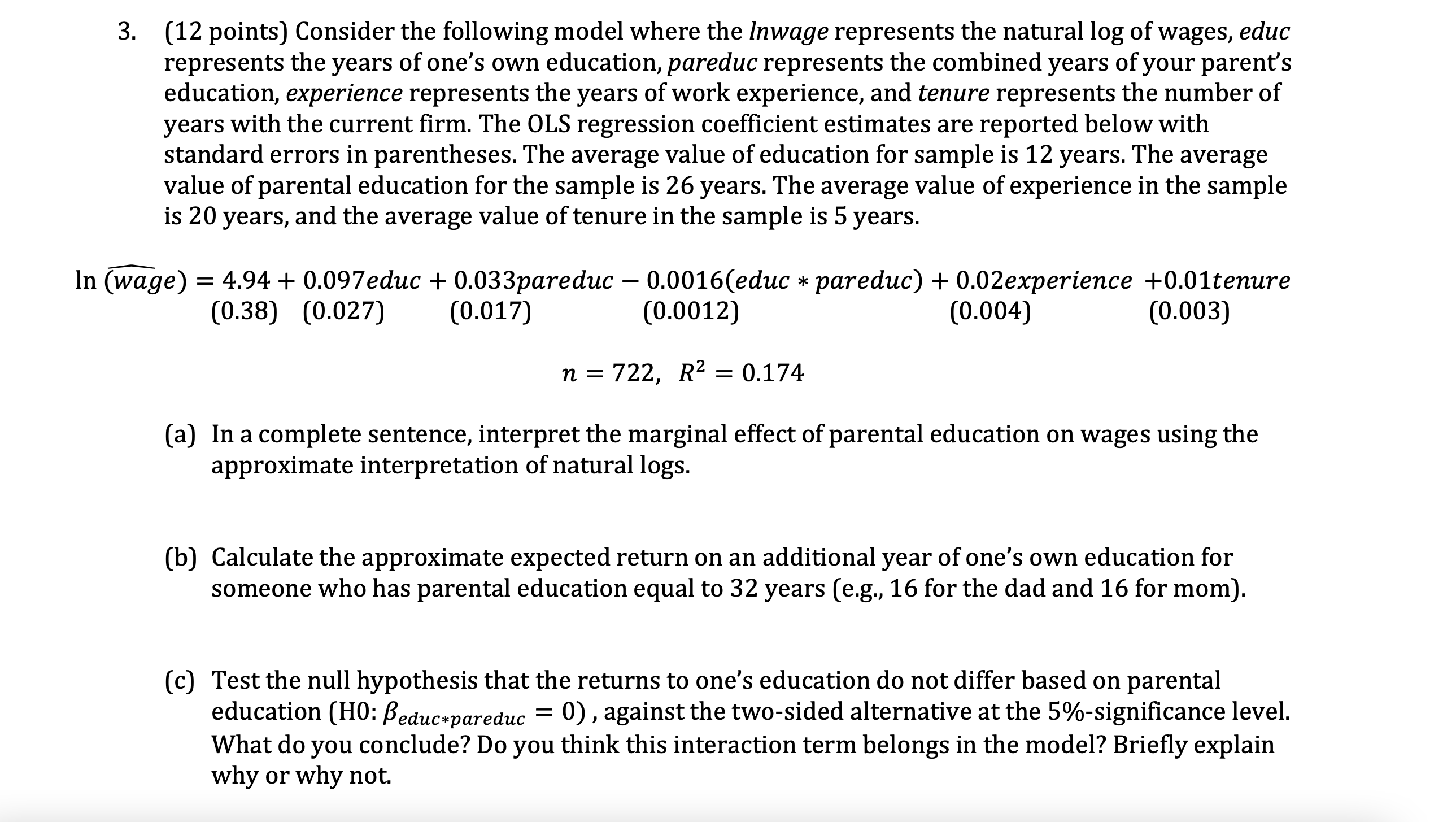Solved 3. (12 points) Consider the following model where the | Chegg.com