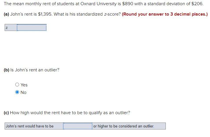 Solved The mean monthly rent of students at Oxnard | Chegg.com
