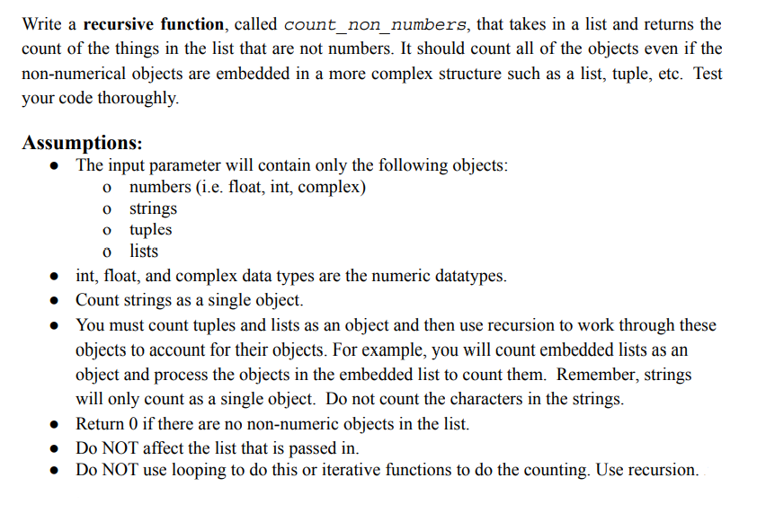 Solved Write a recursive function, called count_non_numbers, | Chegg.com