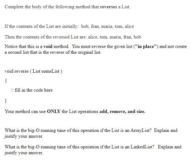 Solved Complete the body of the following method that | Chegg.com