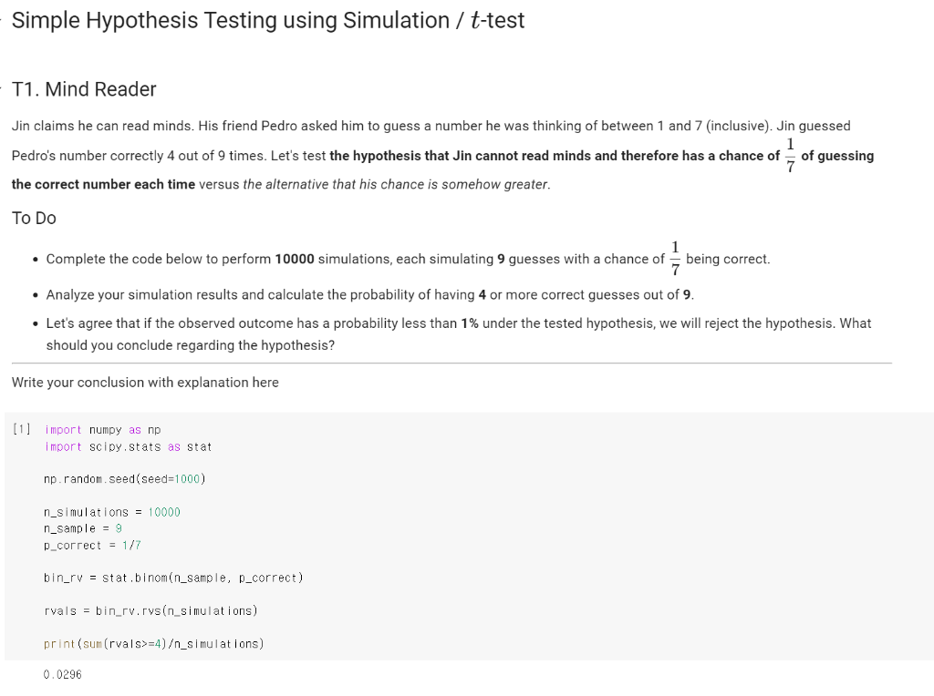 Solved Simple Hypothesis Testing using Simulation / t-test | Chegg.com