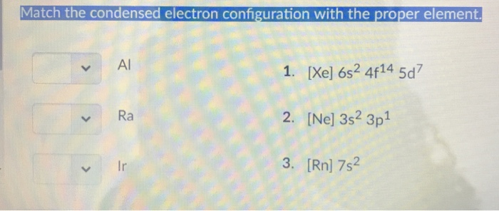 Solved Match the condensed electron configuration with the | Chegg.com