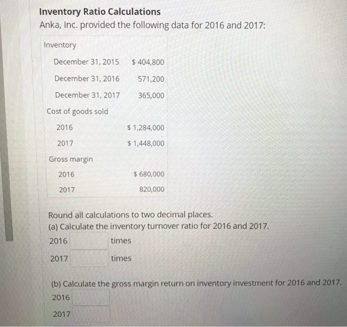 Solved Inventory Ratio Calculations Anka, Inc. provided the | Chegg.com