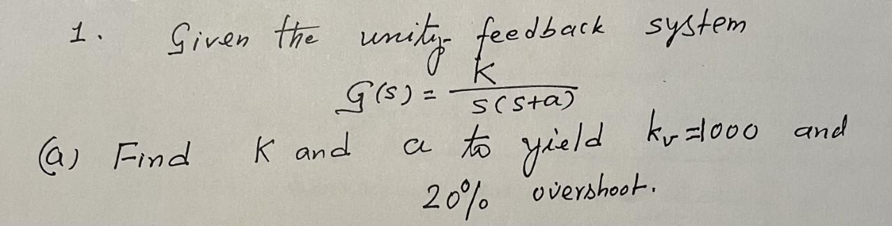 Solved 1. Given the unity feedback system g(s)=s(s+a)k (a) | Chegg.com