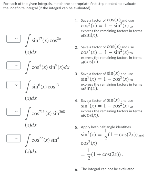 Solved For each of the given integrals, match the | Chegg.com