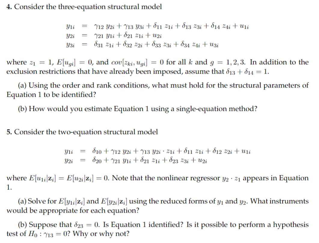 Solved 4. Consider the three-equation structural model | Chegg.com